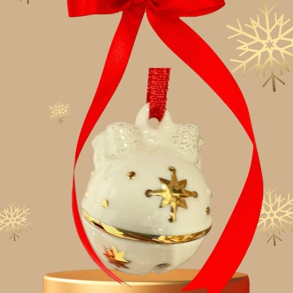 Lenox | Holiday | Lenoxwhite And Gold Bow Bell Ornament With Red Ribbon ...